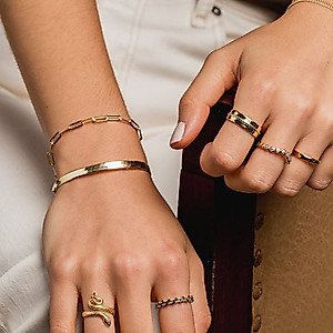 NUZON Gold Snake Chain Bracelet for Women 18K Gold Plated Adjustable 5MM Flat Flexible Herringbone Link Bracelet Charm Minimalist Jewelry