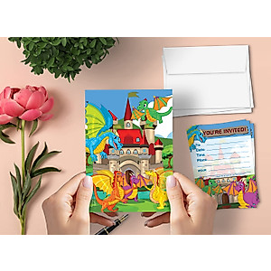 Leigha Marina Dragons Party Invitation Cards for Kids, 20 Invites & 20 Envelopes - Fill in the Blank Greeting Notes - Multi-Use, Birthday, Themed Celebration