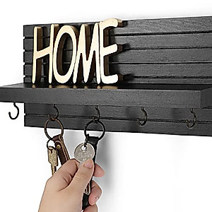 Decorative Key Holder for Wall with Shelf, Entryway Shelf with Hooks Holds Leashes, Jackets and Glasses – Sturdy Wood Keyholder Entrance Hanger with Mounting Hardware (11.8” x 5.5” x 3.1”) (Black)