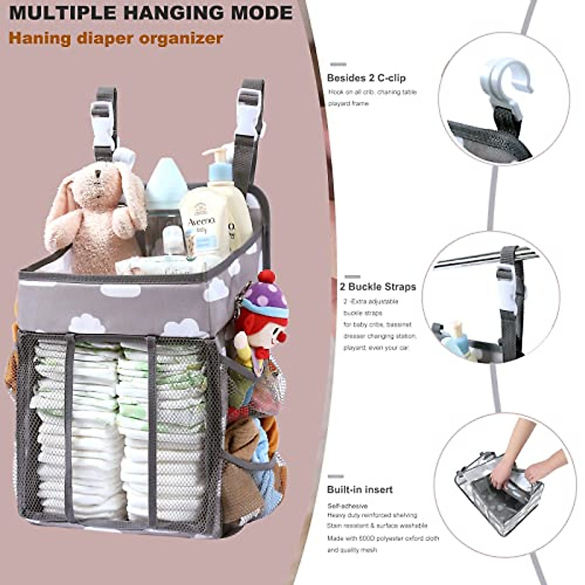 Yoe Gogh Hanging Diaper Caddy Organizer, Changing Table Baby Diaper Organizer with 4-Multi-Use Mesh Pockets, Nursery Storage Stacker for Cribs Playard Bassinet