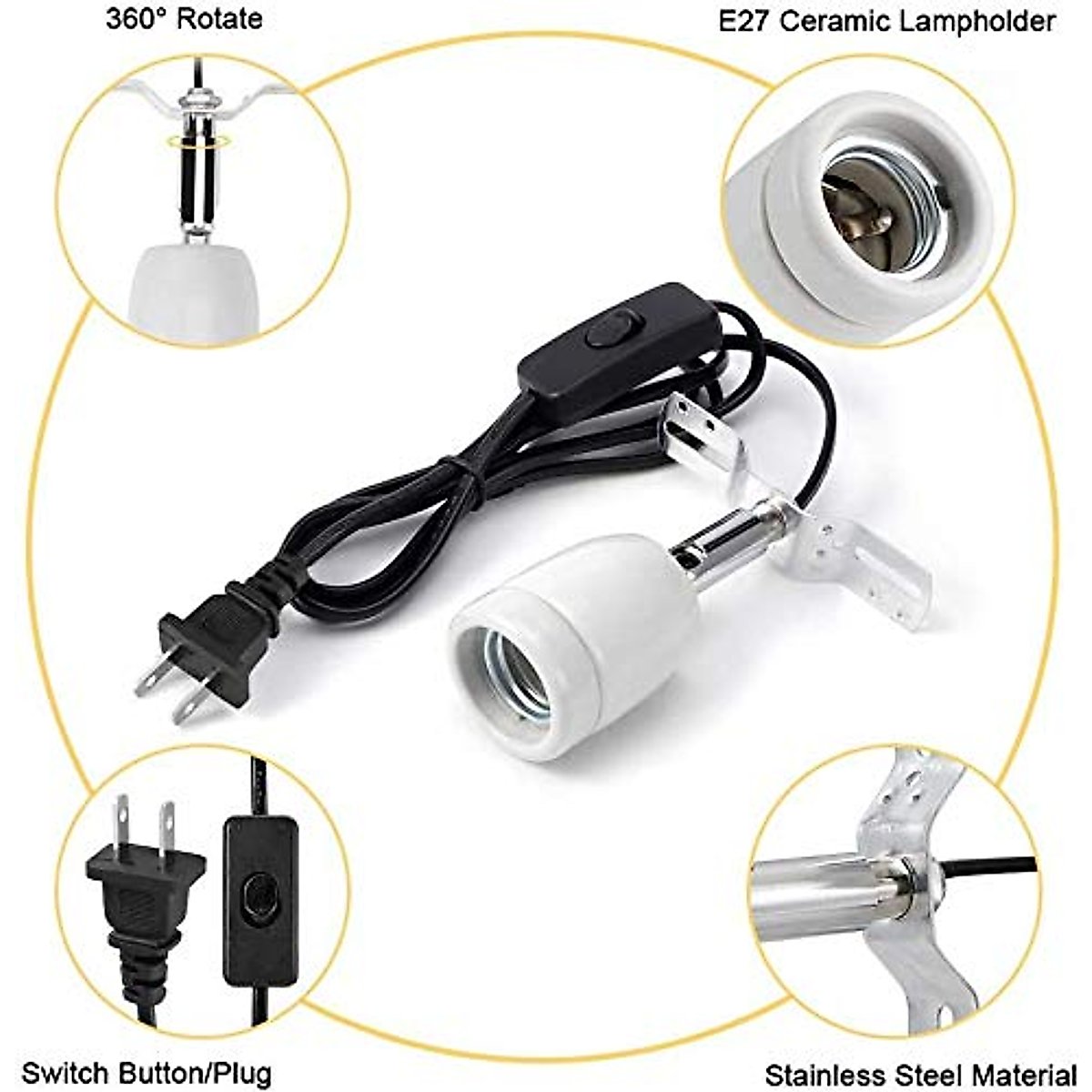 eecoo 300W Reptile Lamp Socket, 360° Rating Heat Light Holder Kit, Habitat Basking Lamp Base Stand with Switch, E27 Socket for Lizard Turtle Snake Aquarium (no Bulb Included)