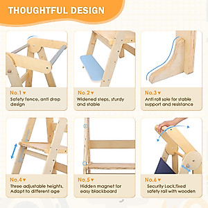 TZnponr Toddler Step Stool, Foldable Montessori Learning Tower,3-Level Height Adjustable Kitchen Step Stool with Safety Rails & drawing board,Easy to Assemble for Counter, Kitchen, Bathroom