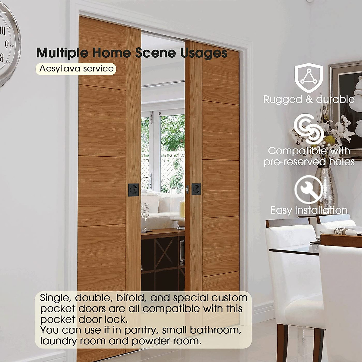 Aesytava Black Pocket Door Hardware, 2 Pack Matte Black Pocket Door Lock for Bathroom, Heavy Duty Solid Square Pocket Door Hardware(2 Pack)