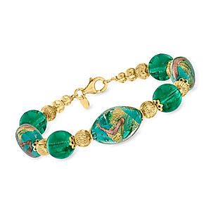 Ross-Simons Italian Green and Goldtone Murano Glass Bead Bracelet in 18kt Gold Over Sterling. 7 inches