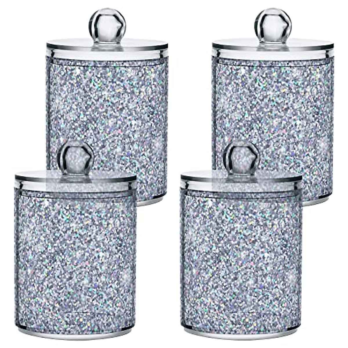 ALAZA 2 Pack Qtip Holder Dispenser Silver Glitter Bathroom Organizer Canisters for Cotton Balls/Swabs/Pads/Floss,Plastic Apothecary Jars for Vanity