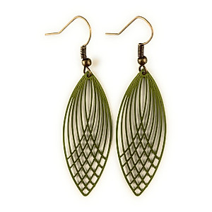 Olive Green earrings teardrop dangle lightweight oval filigree 2 1/4 inches long painted very lightweight