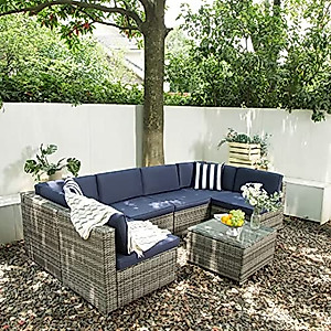 Devoko 7 Pieces Wicker Patio Furniture Set Rattan Outdoor Furniture Sectional Sofa Backyard Furniture Outdoor Couch with Updated Metal Feet (Blue)