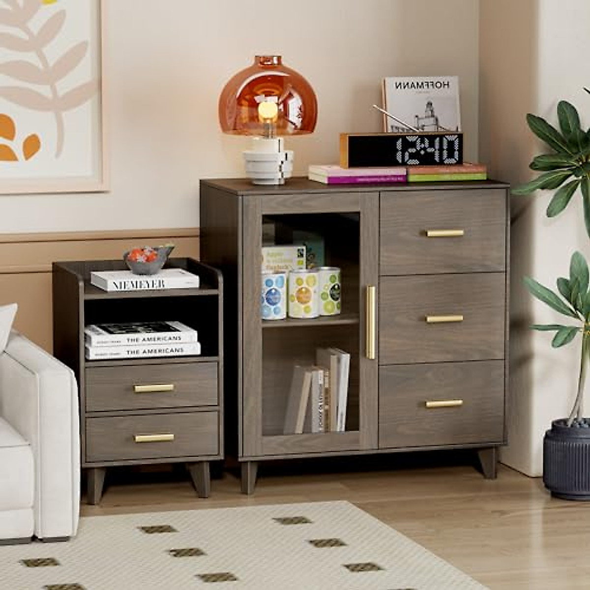 Function Home Sideboard Buffet, Storage Cabinet with Glass Door, Wood Accent Console with Drawers, Mid Century Coffee Bar for Kitchen, Living Room, Hallway, Entry, Walnut