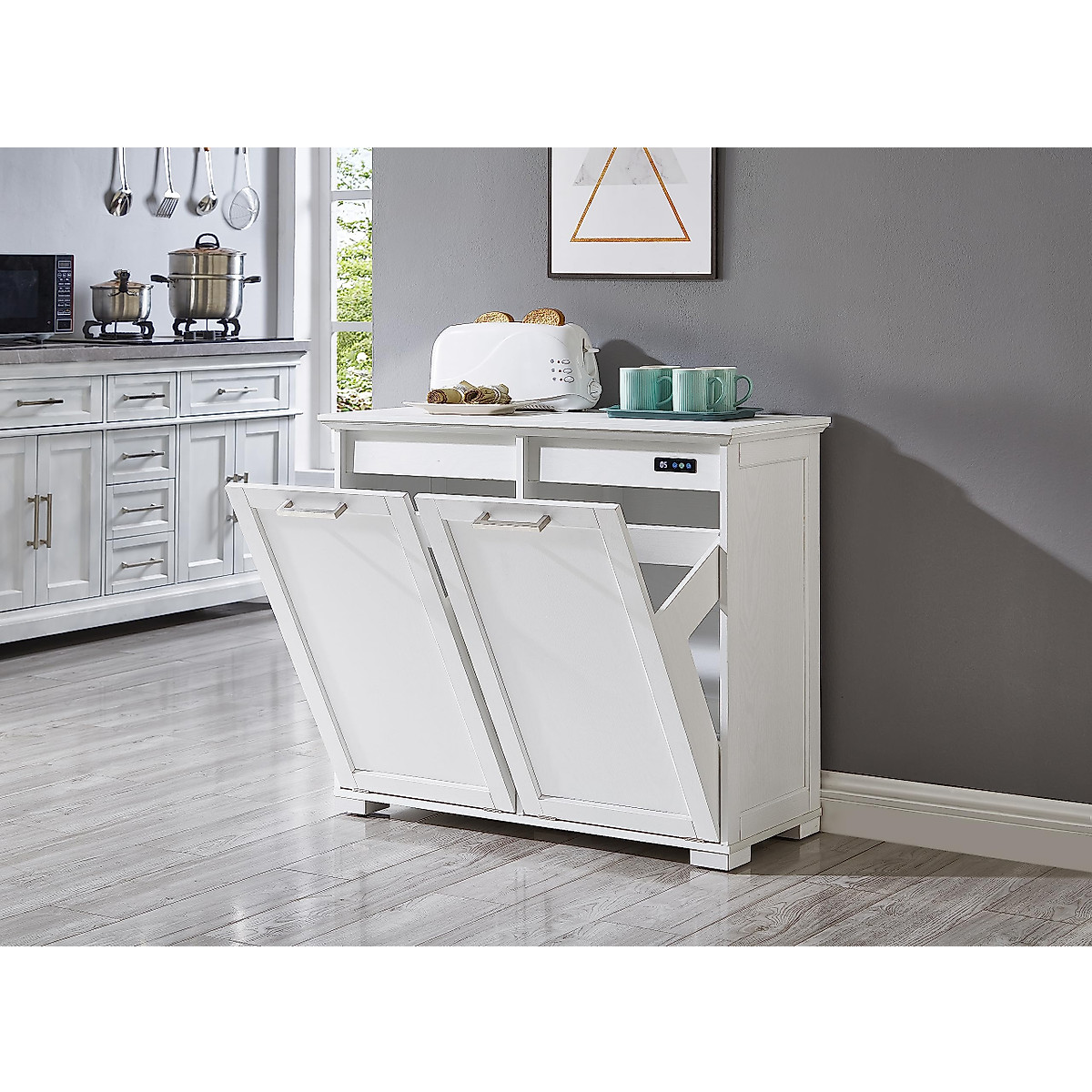 Tilt Out Trash Cabinet, Wooden Kitchen Garbage Can Free Standing Holder, Tilt Out Laundry Hamper Cabinet (Double White)