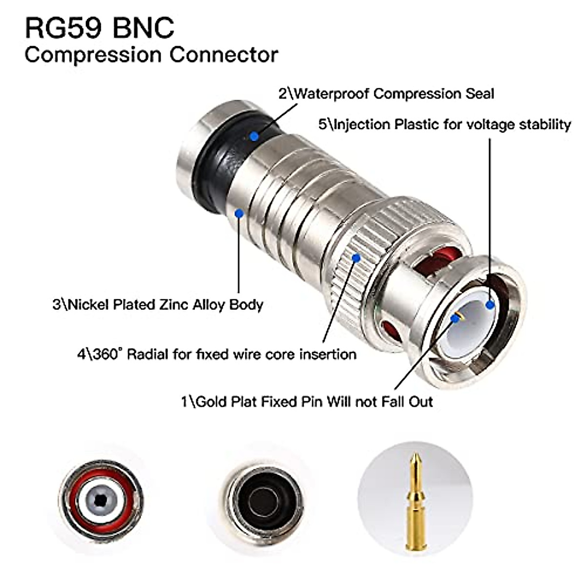 20PCS BNC Compression Connector 75 Ohm Coupler with Copper Pin for RG58-59 Crimper Video Plug Extension Coaxial Siamese Cable Crimper Adapter Male CCTV Home Security Camera Antena System