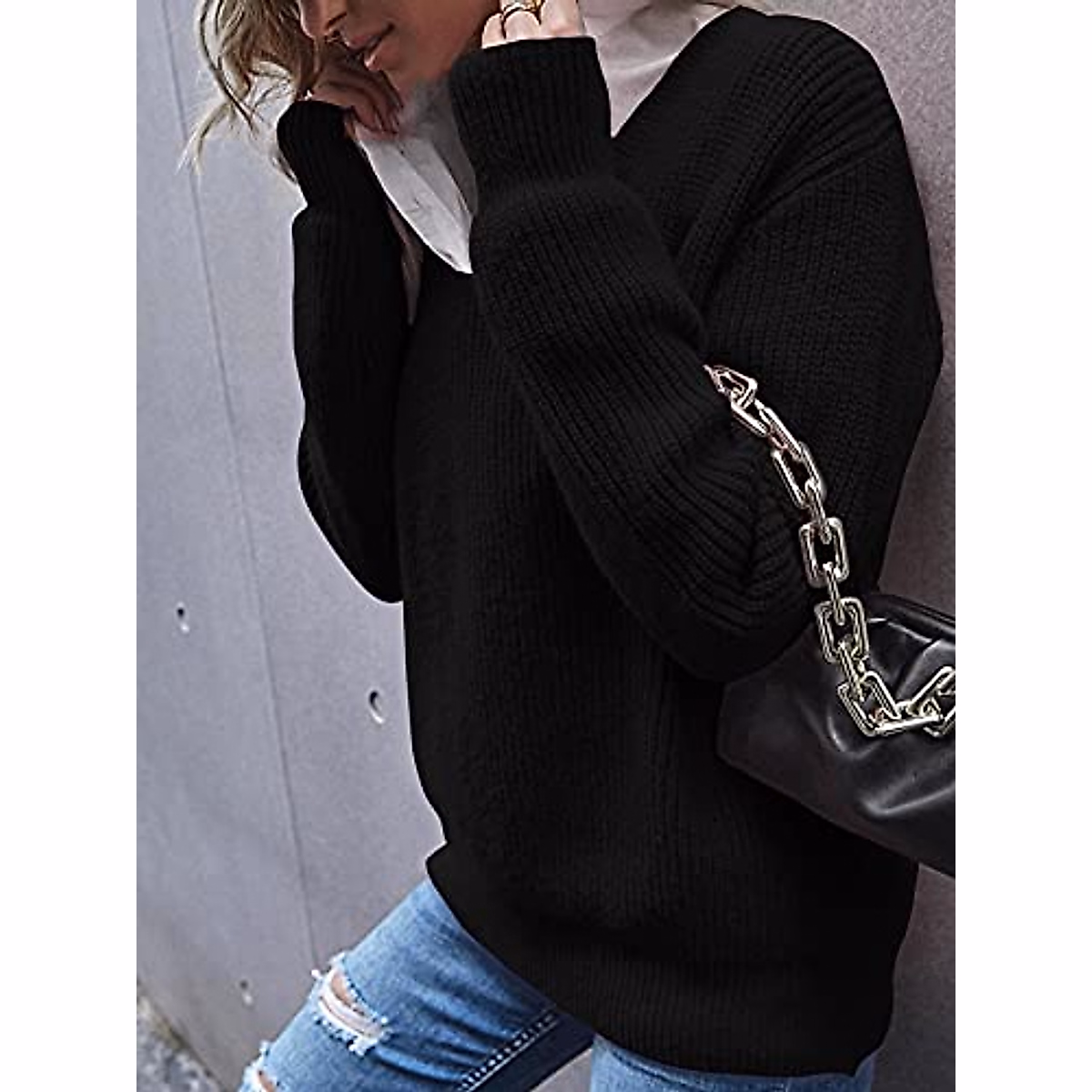 Eurivicy Women's Long Sleeve V Neck Pullover Tops Oversized Chunky Knitted Loose Jumper Sweaters Black