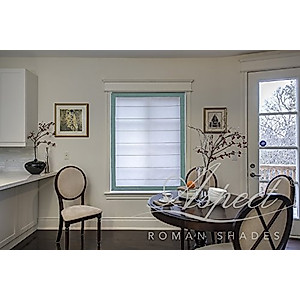 LOGANOVA Flat Roman Shade Chevalle Seafoam. White background with blue green border on four sides and chain mechanism. Custom made.