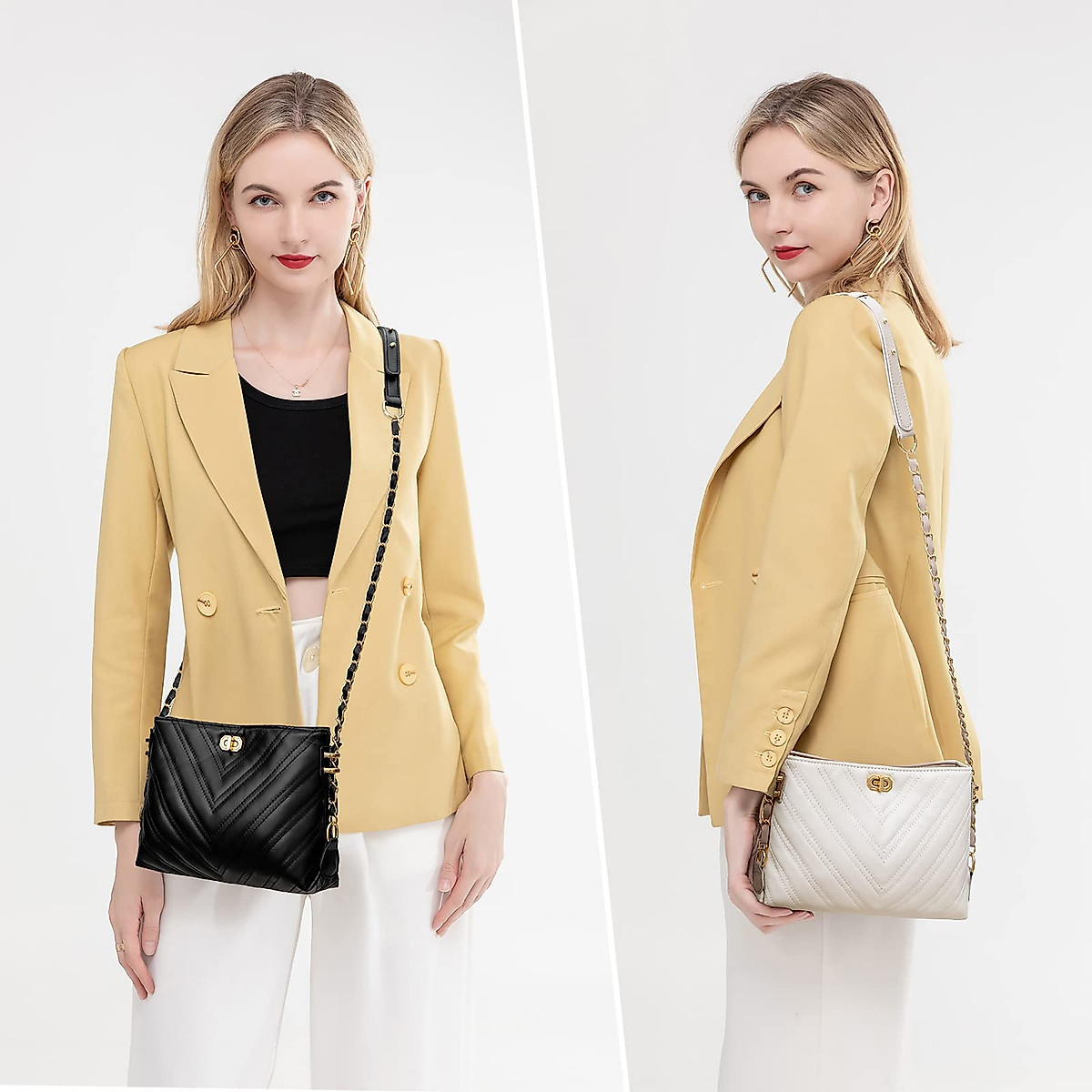 CHERUTY Crossbody Bags for Women Small Leather Crossbody Purse Quilted Lightweight Shoulder Satchel Handbags with Gold Chain Strap(Khaki)