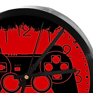 Game Joystick on Red Grunge Background Non-Ticking Wall Clocks, Battery Operated Silent Wall Clock for Bedroom Living Kitchen Office Home Art Decor