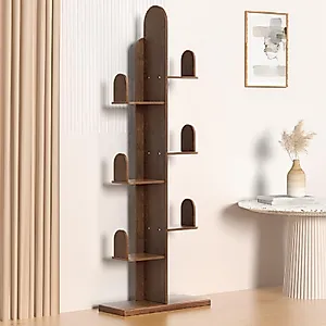 LAZEYARD Cactus Bookshelf, Tree Bookshelf for Bedroom, Solid Wood Geometric Bookcase, Spine Bookshelf and Book Tower with Living Room, Walnut