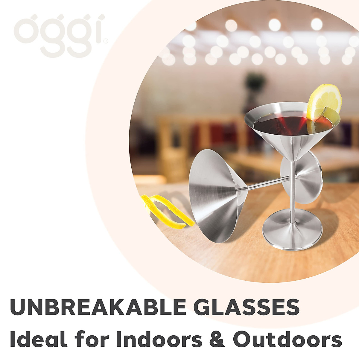 OGGI Stainless Steel Martini Glasses - 8oz, Set of 2 - Unbreakable Martini Glasses, Ideal Outdoor Martini Glasses for Boating, RV, Parties, Stylish Cocktail Glasses & Martini Glass Gift Set