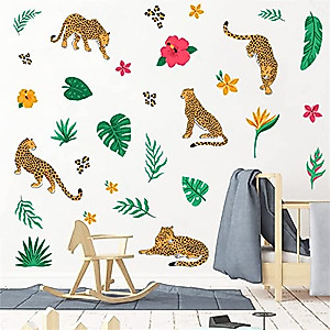 WOYINIS Leopard Cheetah Jaguar Wall Decal Stickers DIY Palm Leaves Plants Flowers Wall Decals Removable Peel & Stick Tropical Wall Decals for Living Room Bedroom Playroom Classroom Nursery Wall Decor