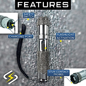 Streetwise Stun Gun Flashlight for Women Self Defense - Tactical Flashlight with Holster - Personal Safety Travel Devices for Girls - JOLT RhineStun 75,000,000* Silver
