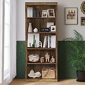 Vikiullf Wood Bookshelf - Tall Bookcase with 5 Storage Shelves, Freestanding Display Book Shelf for Living Room, Bedroom, Home Office Library, Child Room,Rust Brown