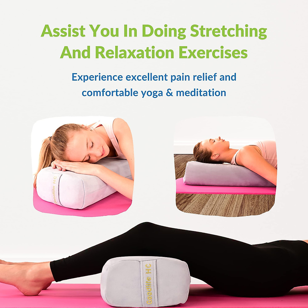 Goodlife HC Multifunctional Yoga Bolster Pillow - Rectangular with Carry Handles & Straps for Stretching Legs Meditation Helps Knee Pain Machine Washable Cover, Light Blue