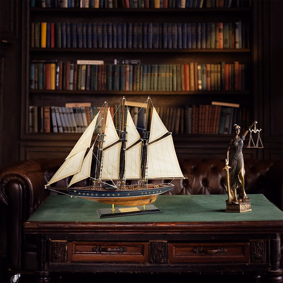 SAILINGSTORY Wooden Sailboat Model Ship Sailboat Decor 24" Schooner Atlantic 1:60 Scale Replica Blue and Walnut Antique Finish