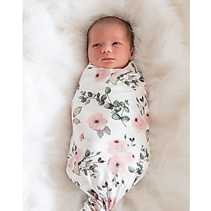 Vollmic Newborn Baby Girl Receiving Blanket Swaddle Blanket Stretchy Knit Swaddle Set with Matching Headband (Pink&Green)