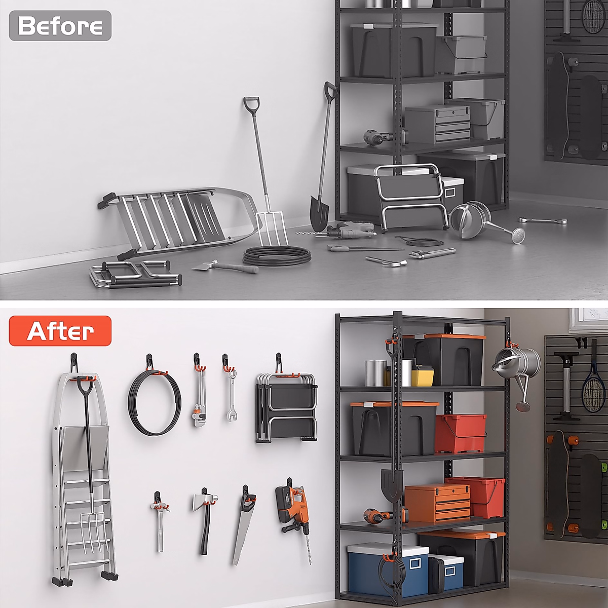 WALMANN 12PCS Garage Storage Hooks, Wall Mount Utility Hooks for Tools, Ladders, Cords, Folding Chairs, Shovels and Rakes, Shelving Hooks for Keyhole Shelving Units