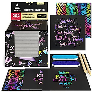 Arteza Scratch Paper, Set of 202 Notes, 3.5 x 3.5 Inches, 200 Rainbow and 2 Gold-Foil Star Backgrounds, Includes 2 Scratchers and 2 Sharpeners, Art Supplies for Craft and DIY Projects