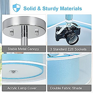 DLLT 3-Light Semi Flush Mount Ceiling Light Fixture, 15'' Blue Drum Light Ceiling Hanging with Double Fabric Shade, Modern Close to Ceiling Lamp for Living Room Bedroom Kitchen Dining Room Entry Foyer