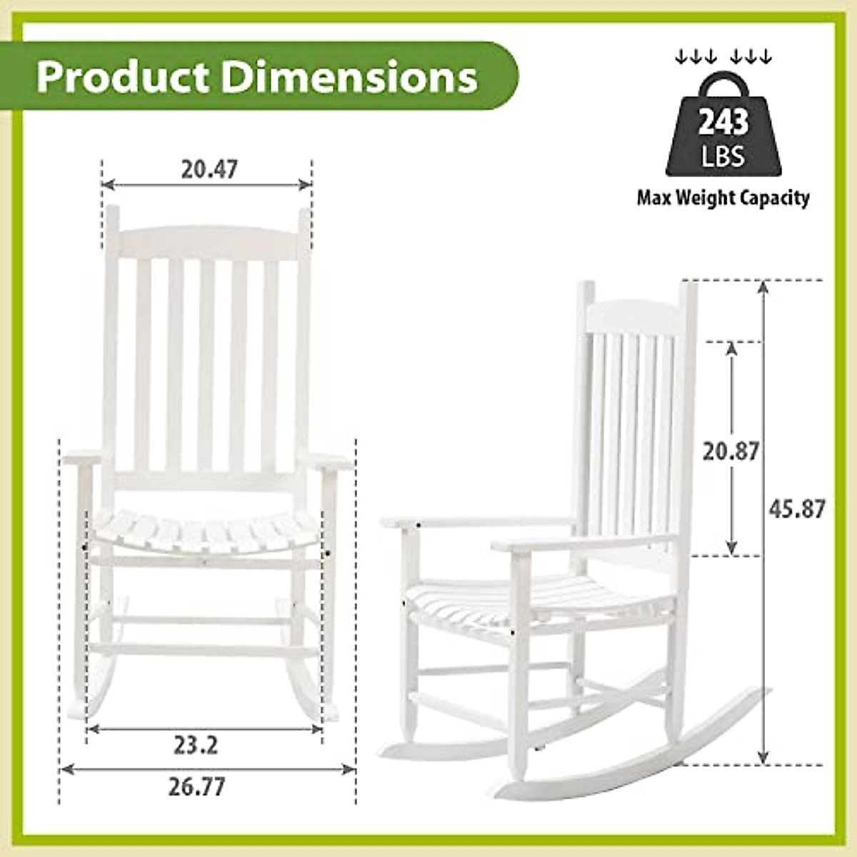 Yewuli Outdoor Patio Wooden Rocking Chairs Set of 2 Clearance,Porch Rockers Chair Outdoor with High Back and Handrail,Outside White Big and Tall Rocking Chairs Indoor for Porch,243LBS,White