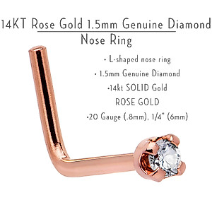 Body Candy 20 Gauge 1/4" at Bend 14k Rose Gold 1.5mm Diamond (0.015 cttw) L-Shaped Nose Ring Nose Stud