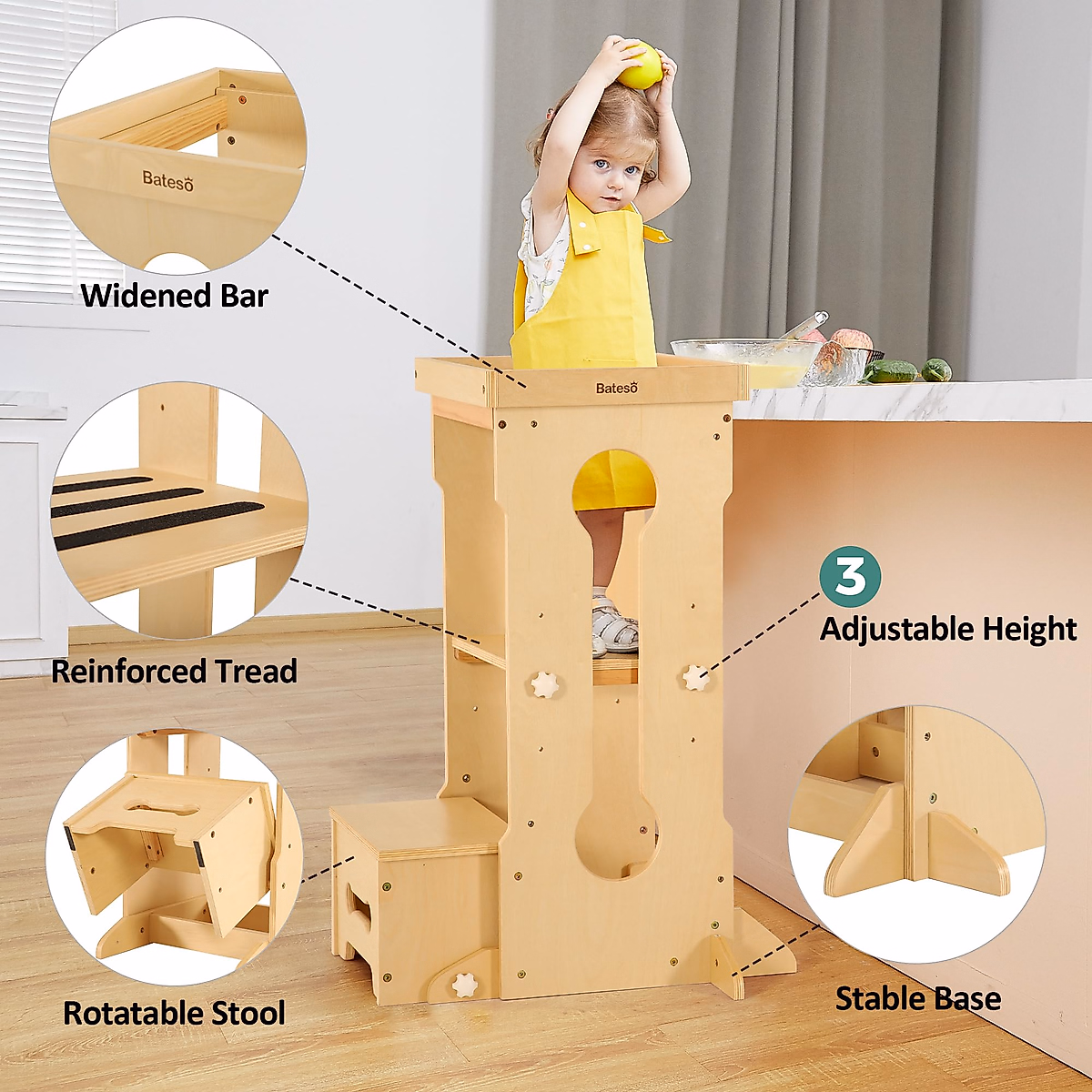 Bateso Toddler Standing Tower, Adjustable Height Toddler Kitchen Stool Helper for Kids 1-6, Toddler Kitchen Step Stool with 2 Detachable Nets, Wooden Montessori Toddler Tower for Kitchen Counter