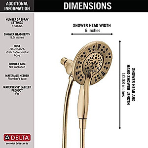 Delta Faucet 4-Spray In2ition Dual Shower Head with Handheld Spray, Gold Shower Head with Hose, Showerheads & Handheld Showers, Handheld Shower Heads, Champagne Bronze 58499-CZ