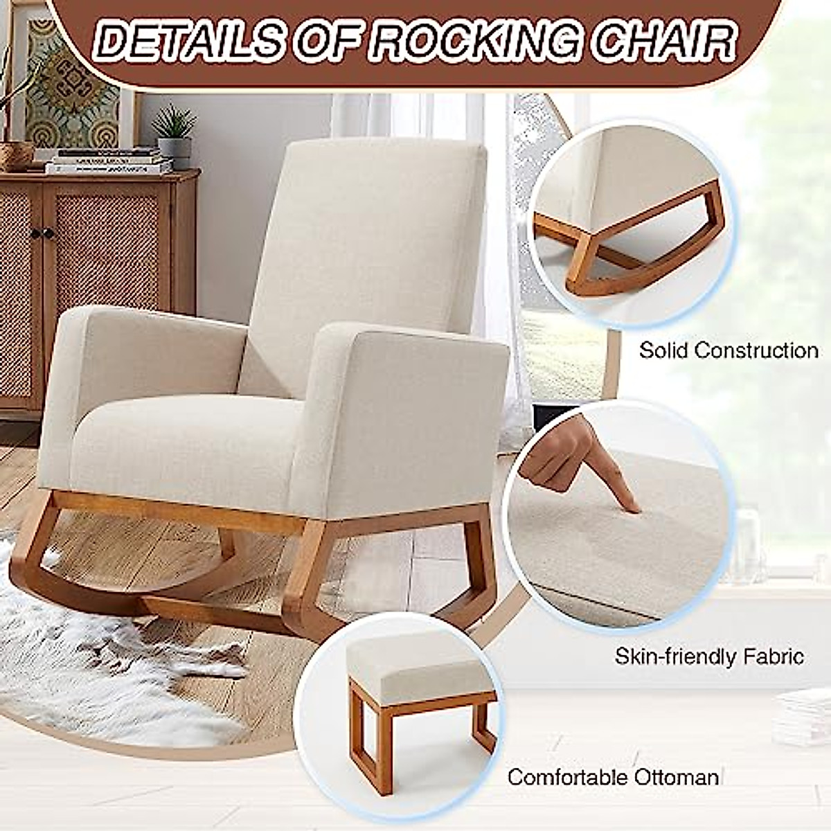 YOLENY Rocking Chair with Footstool, Upholstered Nursery Glider Rocker, Modern Accent Rocking Lounge Chair, Comfy High Back, Linen Armchair,Beige