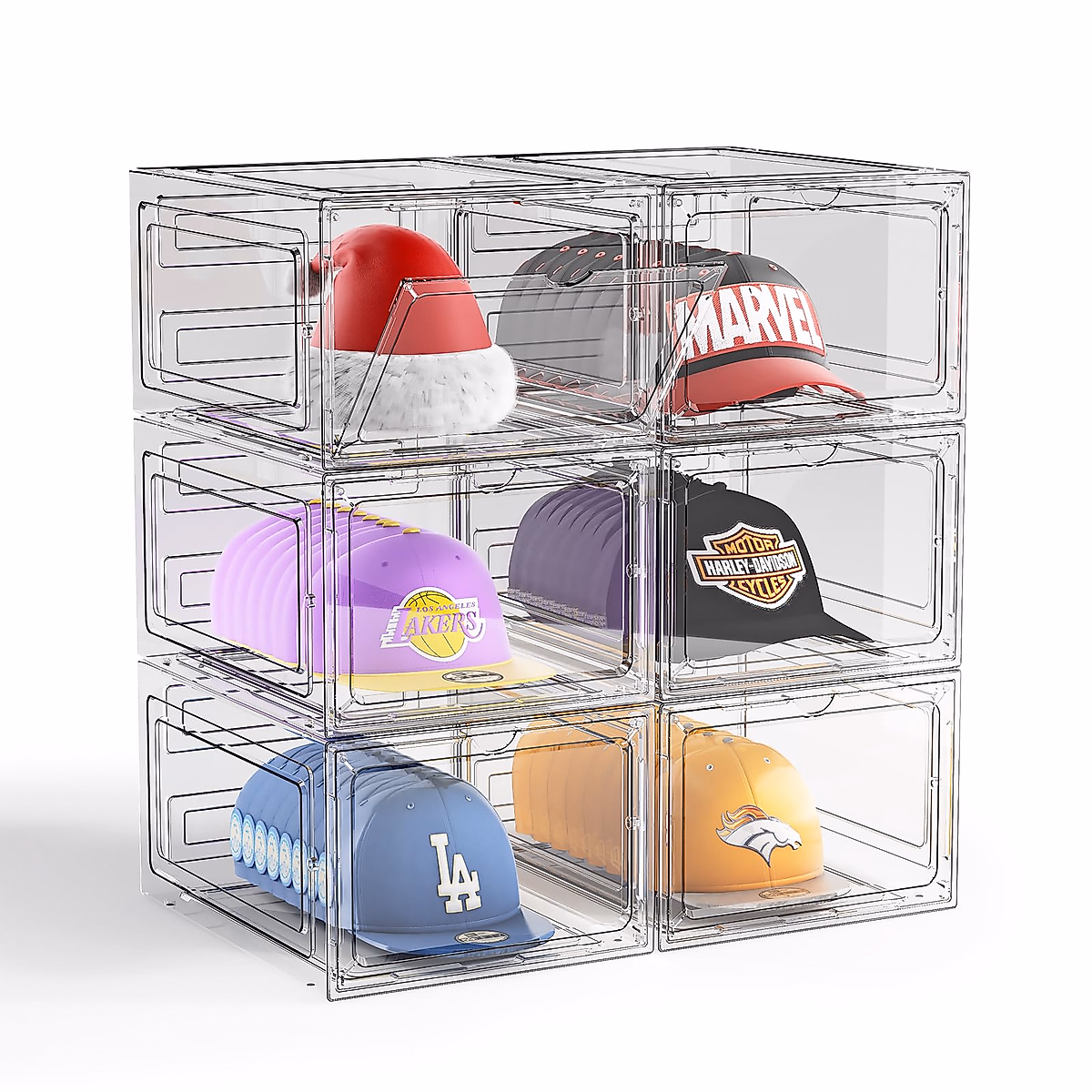 Hat Organizer Box for Baseball Caps, 6 Pack Clear Plastic Hat Storage Box, Hat Holder for Closet, Hat Display Case with Magnetic Door, Hat Rack, Snapback Organizer, Hat Case, Hold 8 Cap Each