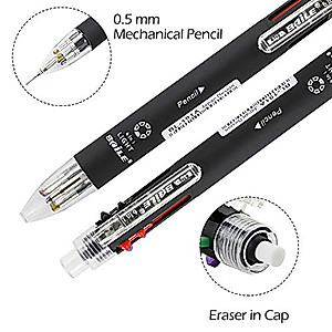 Baile 6 in 1 Multifunctional Ballpoint Pens 5 Colors 0.7 mm Ballpoint Pen and 0.5 mm Mechanical Pencil in One Pen, Pack of 5
