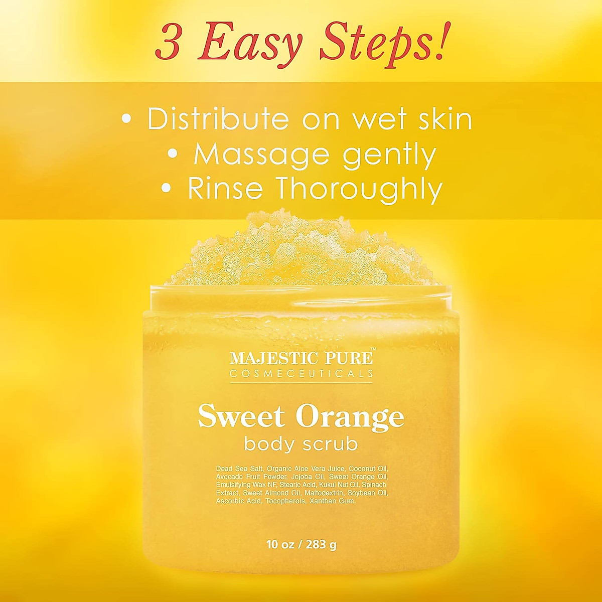 Majestic Pure Sweet Orange Body Scrub for All Natural Skin Care - Exfoliating Multi Purpose Body and Facial Scrub Moisturizes and Nourishes Face and Skin - 10 oz - Great Gift for Her