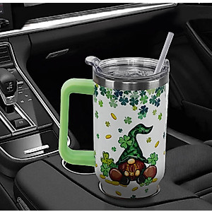 Nqhsionv St Patricks Day Tumbler with Handle 40 oz Lucky Gnomes Shamrock Coffee Travel Mug Stainless Steel Insulated Cup Irish Saint Patricks Decor Gifts