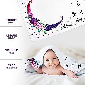 Baby Monthly Milestone Blanket Girl - Extra Soft, Large (60"X40") Thick Fleece - Baby Growth Chart Blanket - Baby Age Blanket for Photos - Baby Month Blanket - Includes Headband, Floral Wreath, Frame