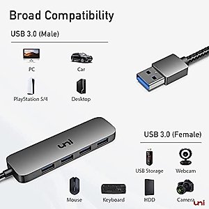 USB Splitter for Laptop 4-Port, uni Ultra-Slim USB 3.0 Hub, Multiple USB Port Expander Compatible with Keyboard and Mouse Adapter, PC, MacBook Air, Mac Pro, iMac, Surface Pro, Flash Drive, Mobile HDD