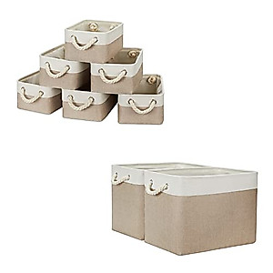 Temary Fabric Storage Baskets Set Of 6 Small Storage Bins Bundled with 2 Pack Decorative Baskets for Storage (White&Khaki, 11.8Lx7.9Wx5.3H Inches, 16Lx12Wx12H inches)