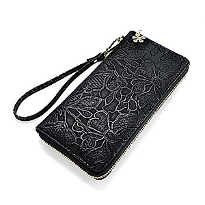 Women large Wallet soft leather wristlet Card Organizer Phone holder Ladies Clutch Long Purse with Wrist Strap Zipper around (F black) …