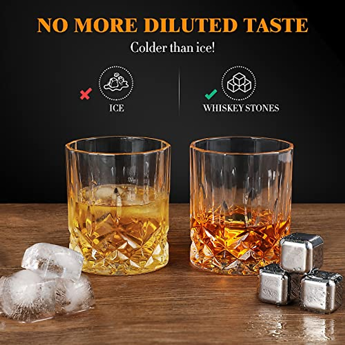 Whiskey Stones Gift Set Anniversary Gi fts for Husband | Him | Men, Husband Birthday | Wedding Anniversary | Valentine's Day Gift, 8 Stainless Steel Whiskey Stones & 2 Whiskey Glasses(11oz)