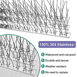 XPCARE 50.4 Feet Bird Spikes, Stainless Steel Bird Spikes Fence Spikes for Crow Robin Pigeon Squirrel Raccoon Defender Spikes (48 Packs Uninstalled)