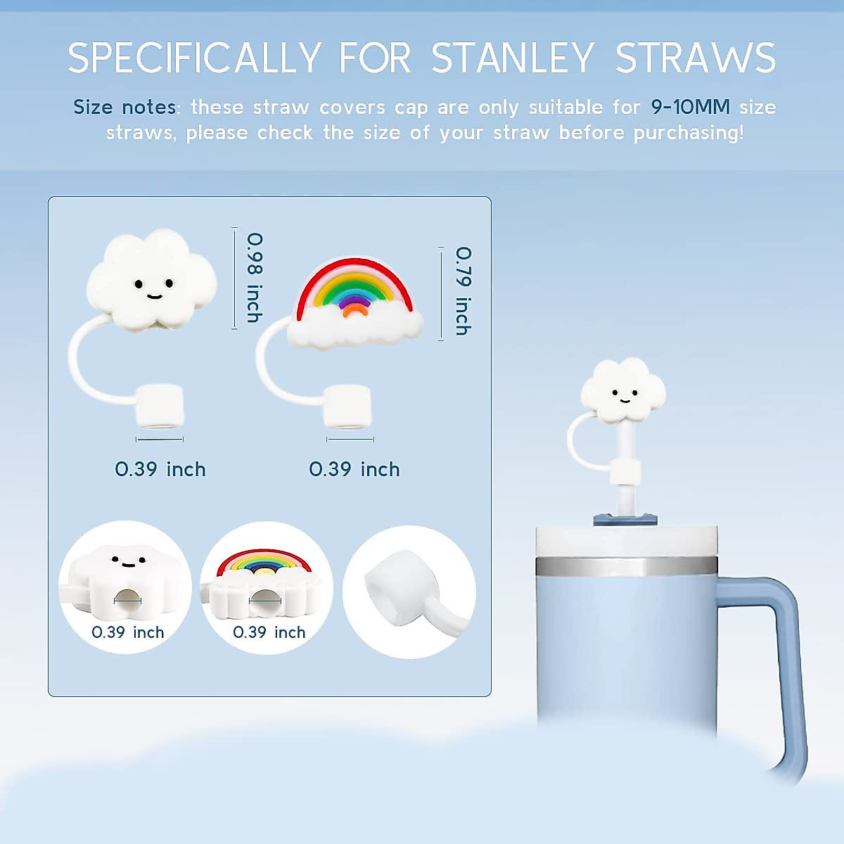 Straw Covers Cap for Stanley Cup, 4pcs 10MM Cloud&Rainbow Straw Cover, Silicone Straw Covers Cap Straw Topper for Stanley 30&40 Oz Tumbler with Handle,Straw Tip Covers Stanley Cup Accessories