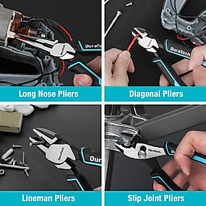DURATECH 8-Piece Pliers Set with Rolling Pouch, Premium Cr-V/Cr-Ni Construction, (12", 10", 8" Groove Joint Pliers, 8" Adjustable Wrench, 8" Linesman, 6" Long Needle Nose, 6" Slip Joint, 6" Diagonal)