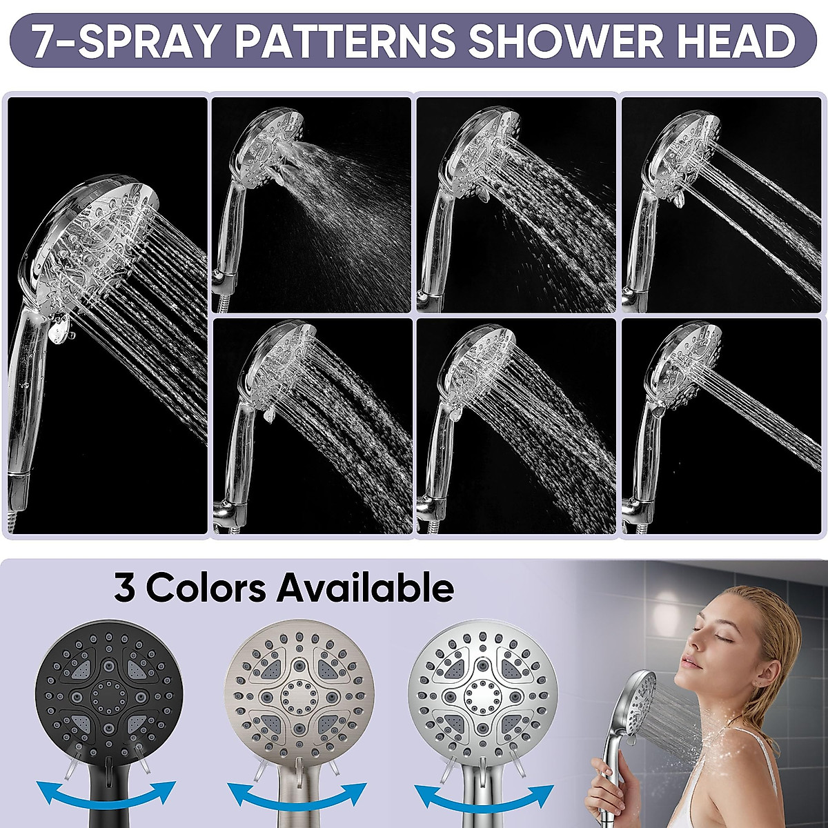 TICONN 7-Function Shower Head with Handheld, High Pressure Shower Heads Set with Stainless Steel Hose & Adjustable Bracket Toolless (Chrome)