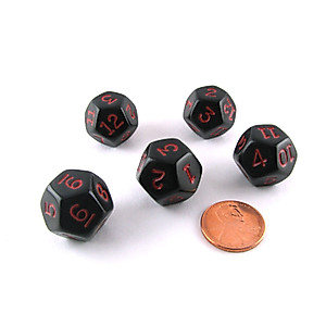 Koplow Games Set of 5 D12 12-Sided 18mm Opaque RPG Dice - Black with Red Numbers