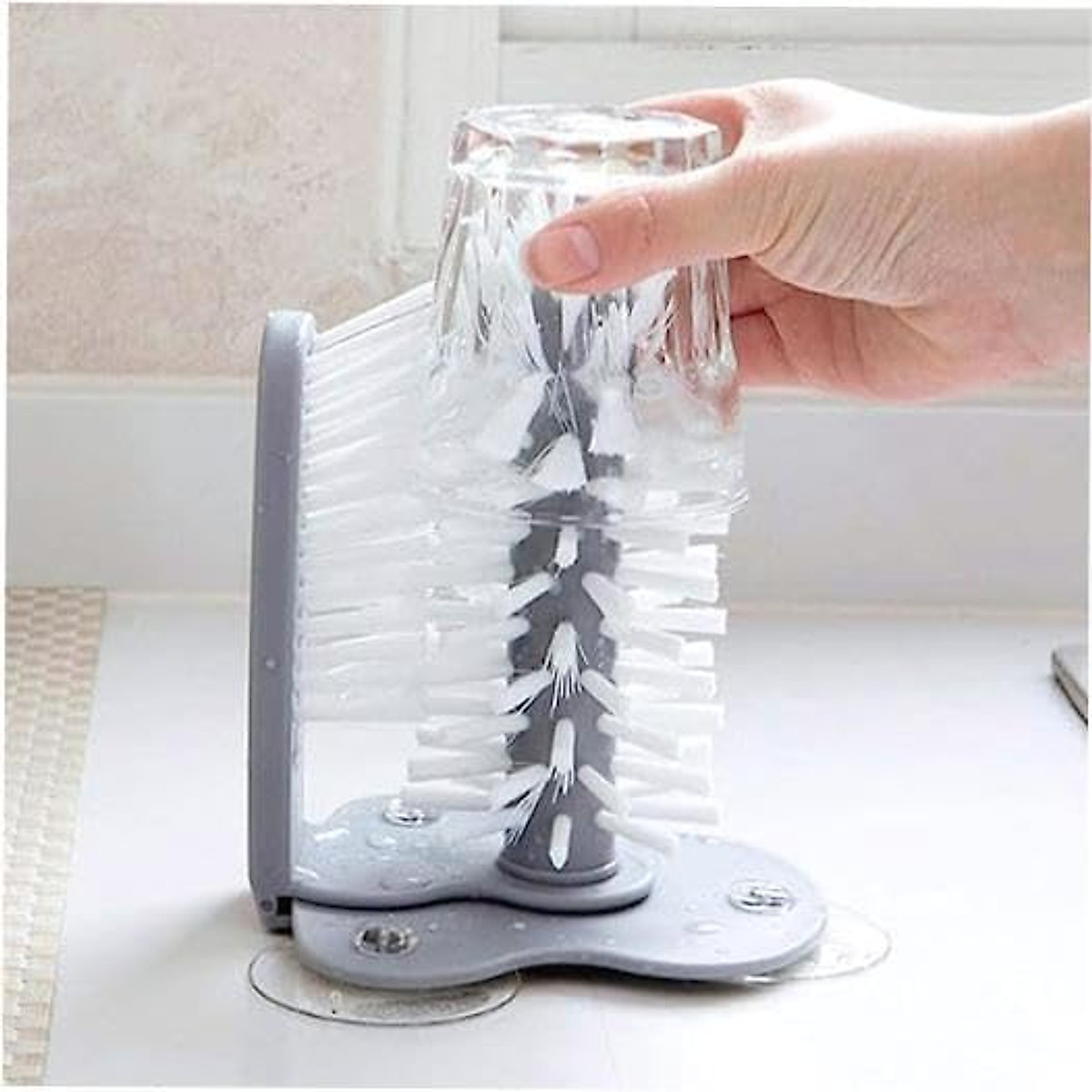 Efficient Glassware Cleaner with Double-Sided Brush & Suction Cup Base - Ideal for Mugs Cups Jugs Decanters & Bottles - Standing Brush Scrubber for Sparkling Clean Surfaces