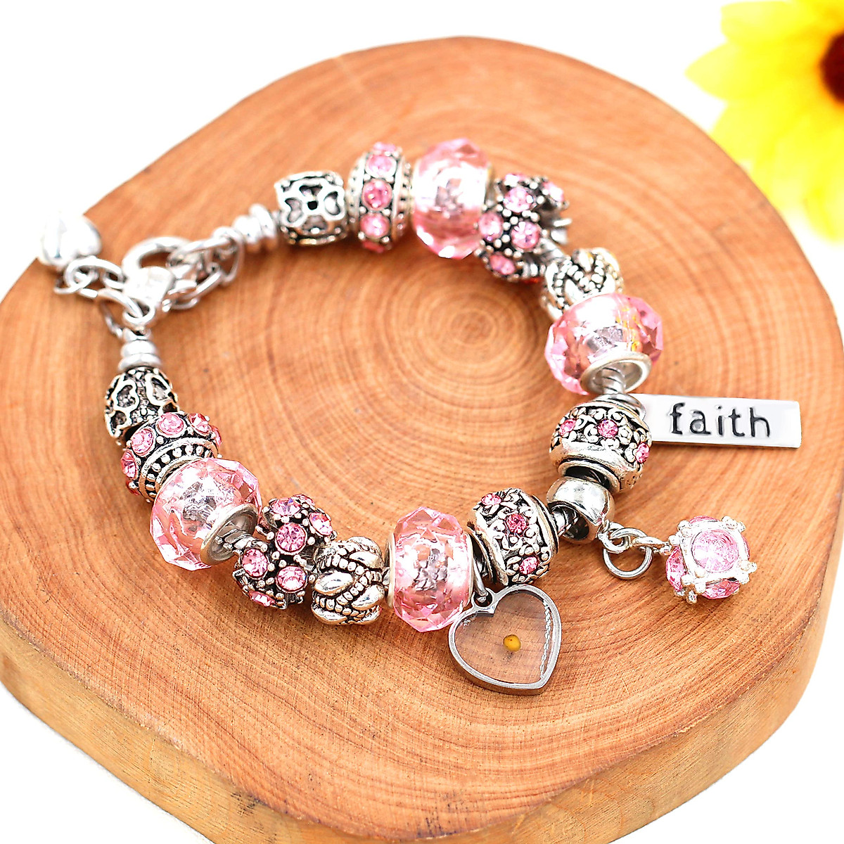 Silver Tone Crystal Murano Glass Beads Snake Chain Bracelet Faith Mustard Seed Charm Crystal Bracelets for Women Y1924 (pink)